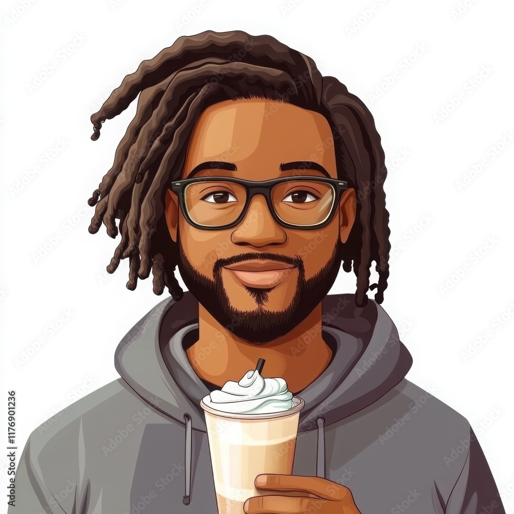 Illustrated character of young black man with milkshake, wearied in ...