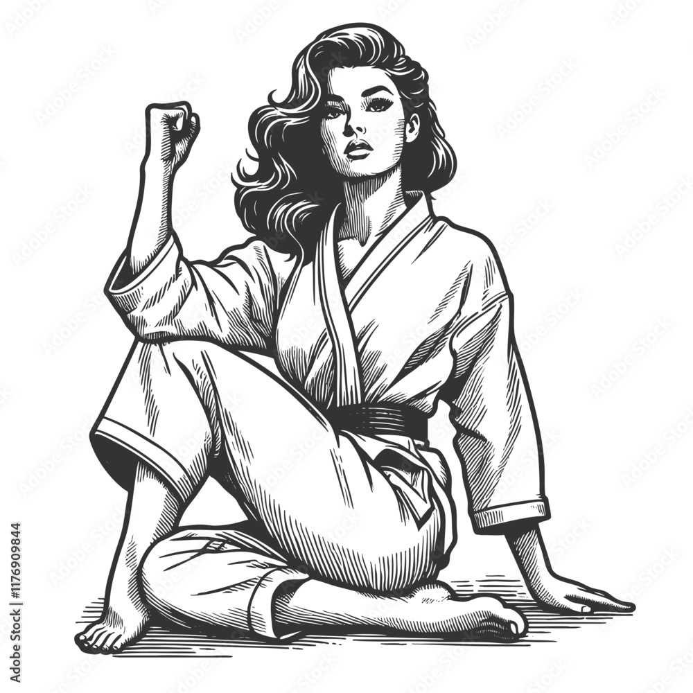 Vector de Stock female martial artist sitting in a focused karate pose ...