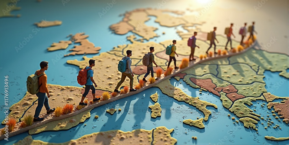 Diverse people traverse a world map, depicting global migration due to ...