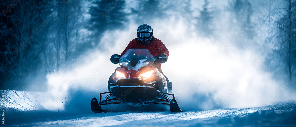 Powerful snowmobile in fresh snow. High-speed snowmobiling adventures ...