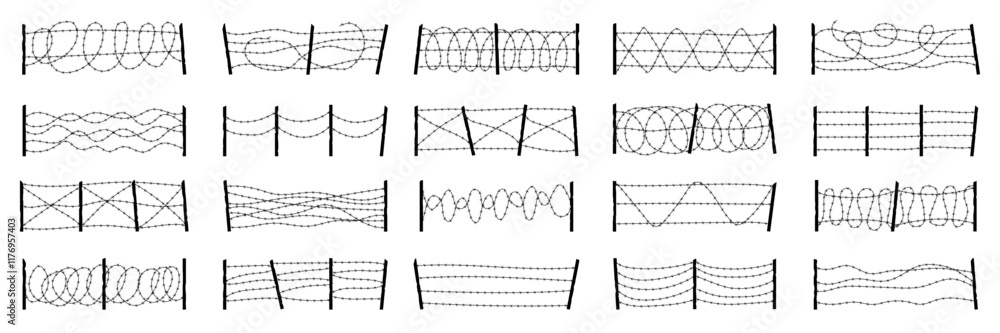 Barbed wire fences. Danger zone borders from steel barbed wire recent ...