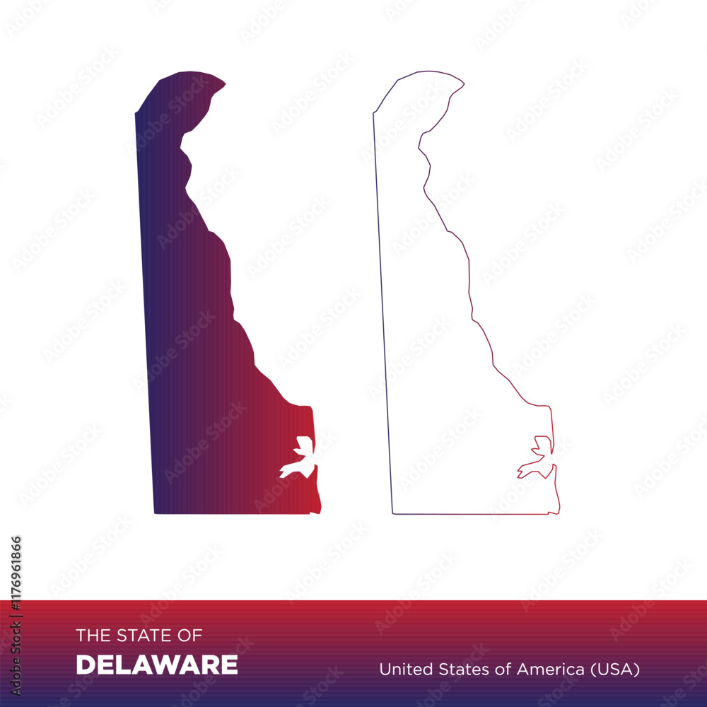 Delaware the state of USA, solid silhouette map of country area and ...