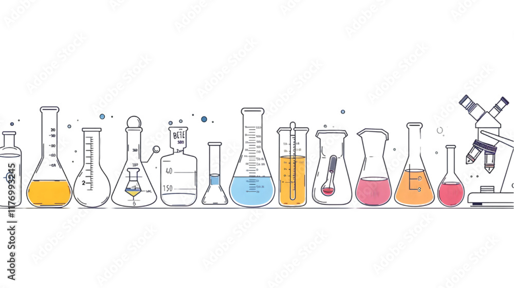 Laboratory glassware one line colored continuous drawing. Conical flask ...