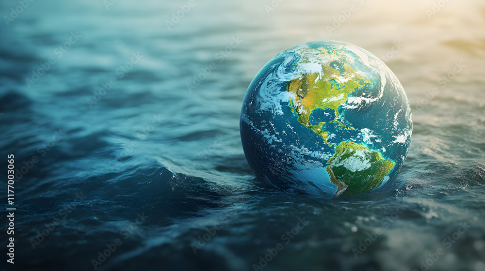 3D rendering of globe depicting continents floating above ocean water ...