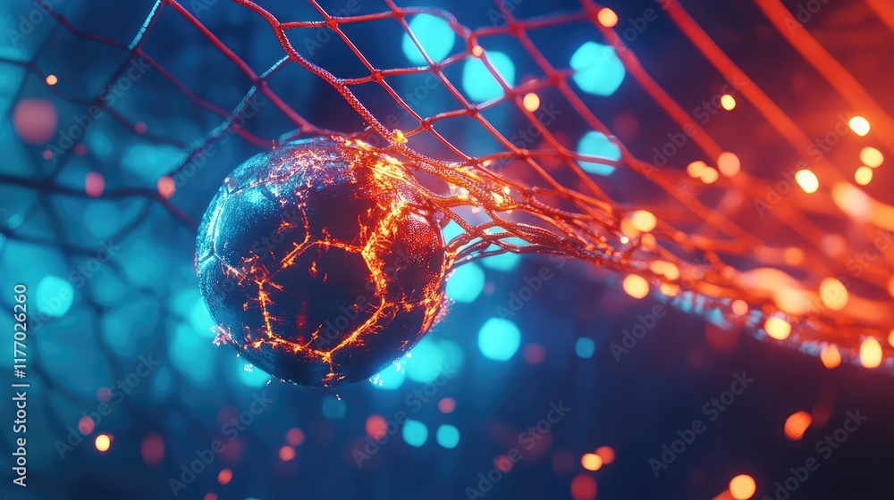Soccer ball bending the net as it enters the goal, 3D render. Dynamic ...