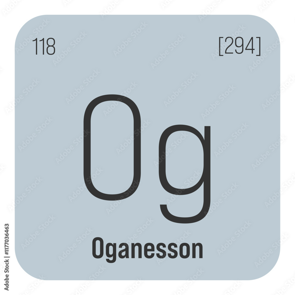 Oganesson, Og, periodic table element with name, symbol, atomic number and weight. Synthetic ...