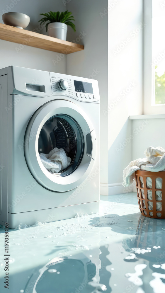 Leaky washing machine flooded the floor with water. Broken washing ...