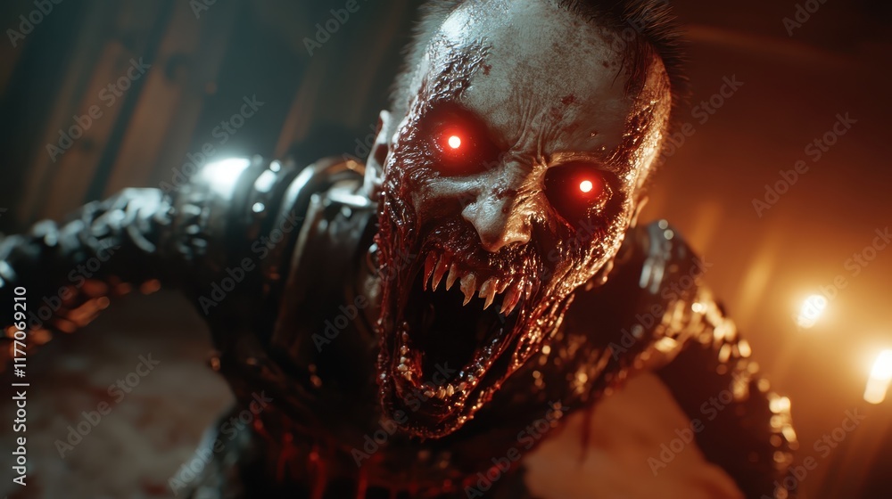 This image depicts a male vampire with bloodied face, fiery glowing red ...