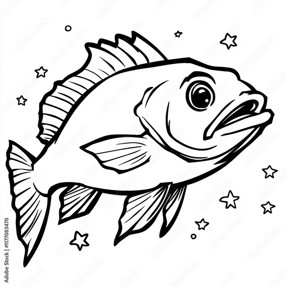 Cartoon Fish Illustration Line Art Black and White Sea Creature Aquatic ...