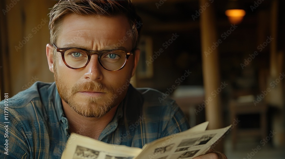 Man reviewing old photos in rustic building; historical research ...