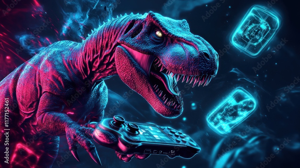 Digital T-Rex gaming, futuristic, neon, glowing, holding controller ...