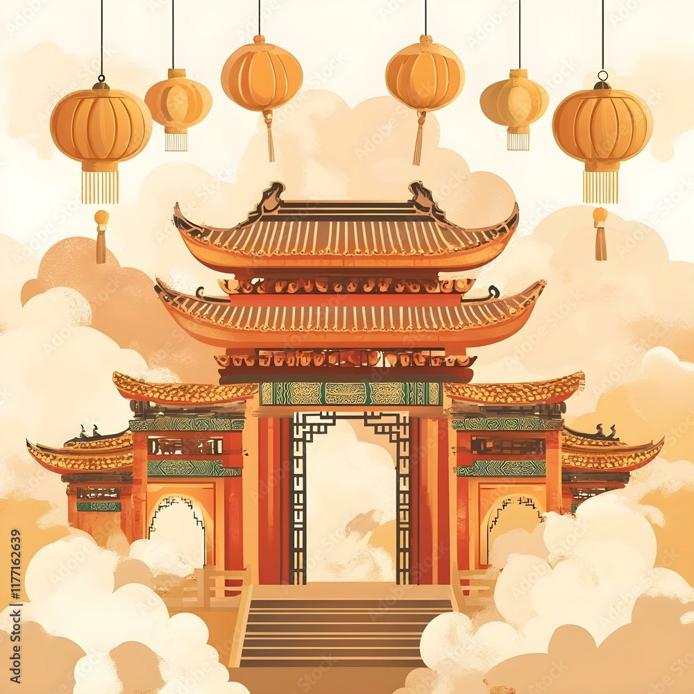 Chinese temple gate with lanterns, Traditional Chinese architecture, ed ...