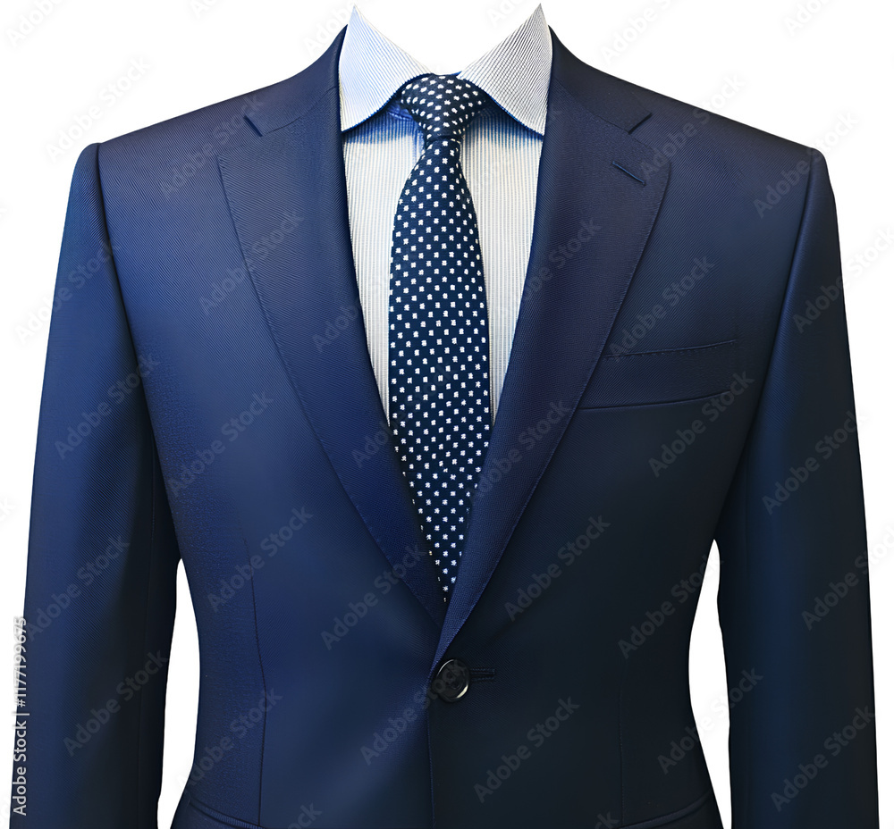 A dark blue suit with a tie, no human body is visible in the background ...
