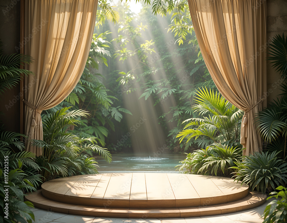Tropical-themed stage with lush greenery and sunlight streaming through ...