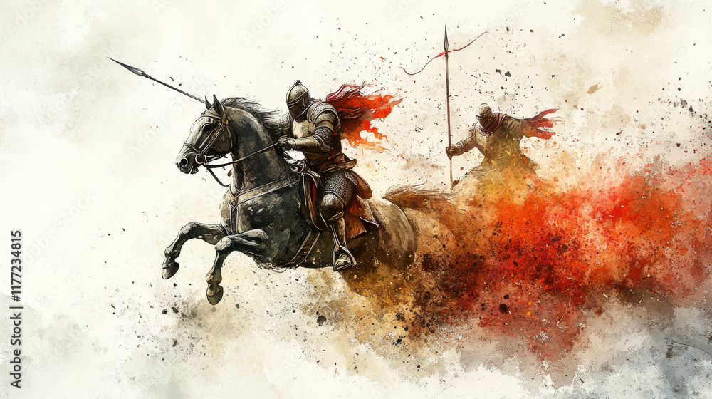 Heroic knights in full gallop, wielding lances, charge into battle with ...