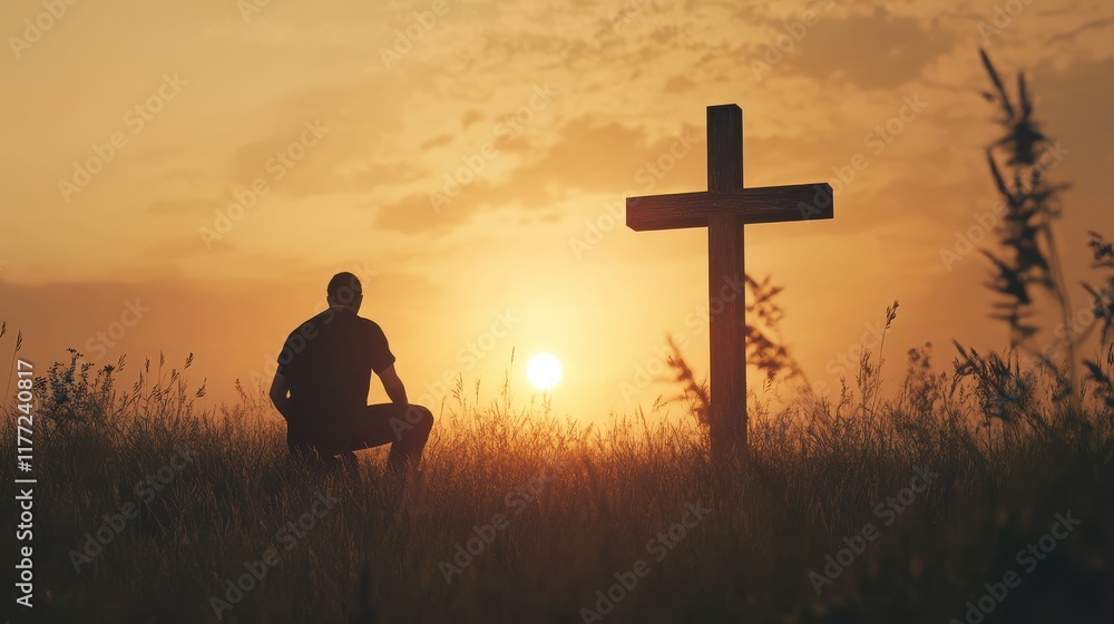 Silhouette of man kneeling near the wooden Christian cross on a nature ...