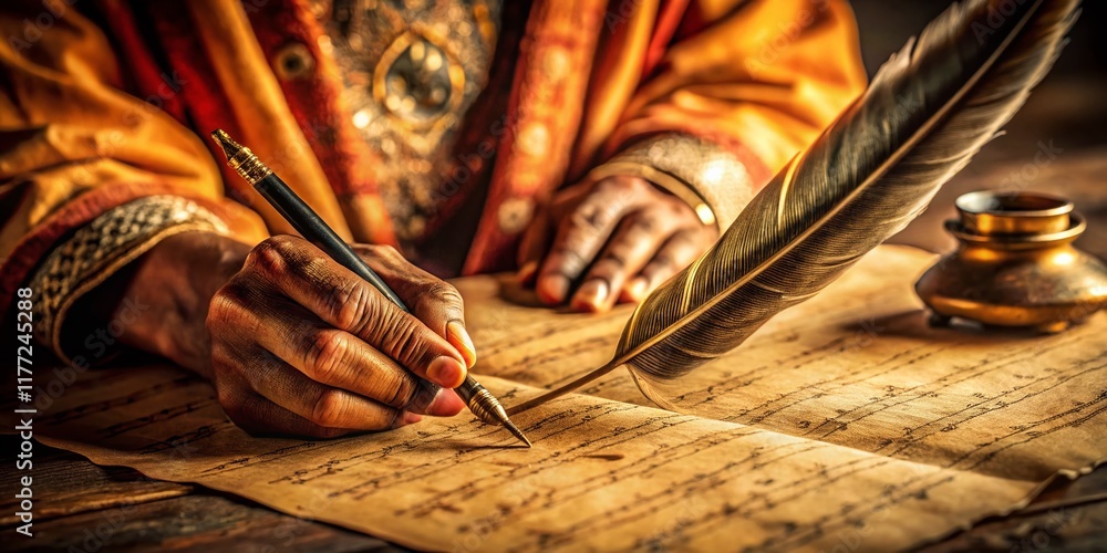 Authentic Script Writing: Close-Up of Hand Writing Sanskrit on Ancient ...