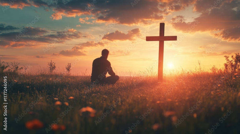 Silhouette of man kneeling near the wooden Christian cross on a nature ...