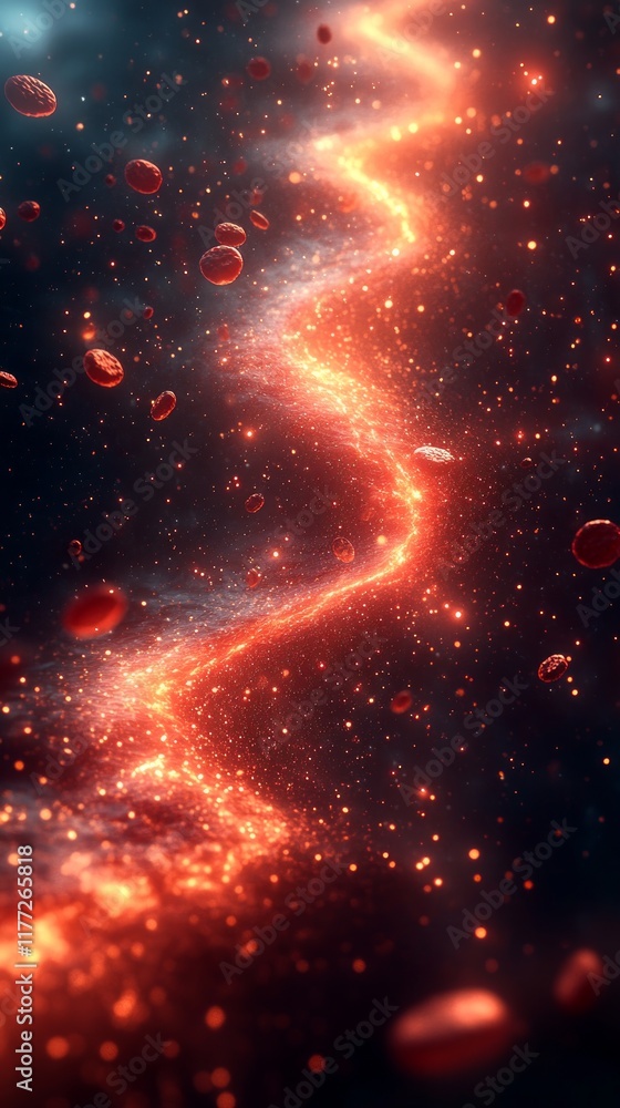 Glowing stream of red blood cells flowing in a dynamic plasma path ...