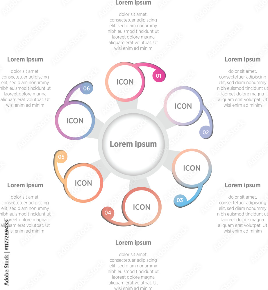 Colorful Vector infographic circle. Cycle diagram with 6 steps. Simple ...