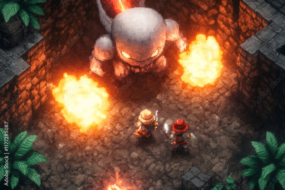 A pixel art scene of twin adventurers exploring a dungeon, each holding ...