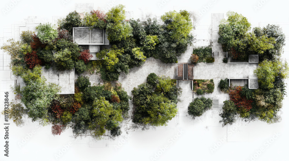 Aerial botanical garden design with urban park layout featuring green ...