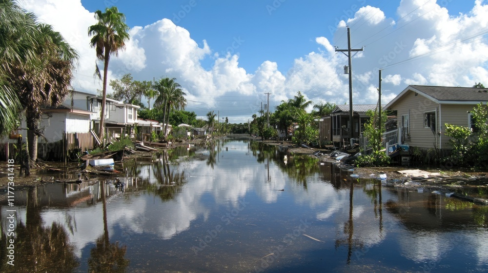 Flooding aftermath in Sarasota, Florida, with residential streets and ...