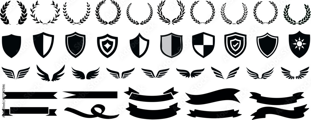 Laurel wreath, shield, wing, ribbon, and banners vector set. Laurel ...