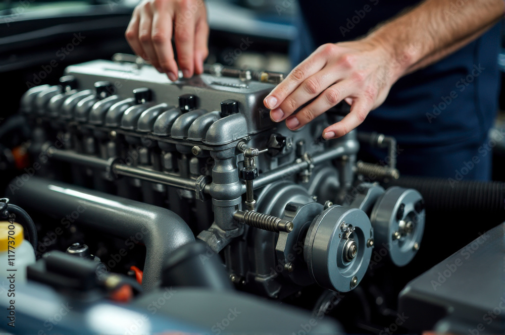 A technician is carefully adjusting components of a combustion engine ...