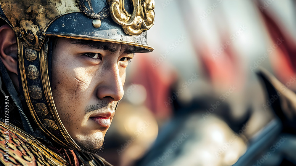 Han Dynasty cavalryman in ornate lamellar armor with a calm and ...