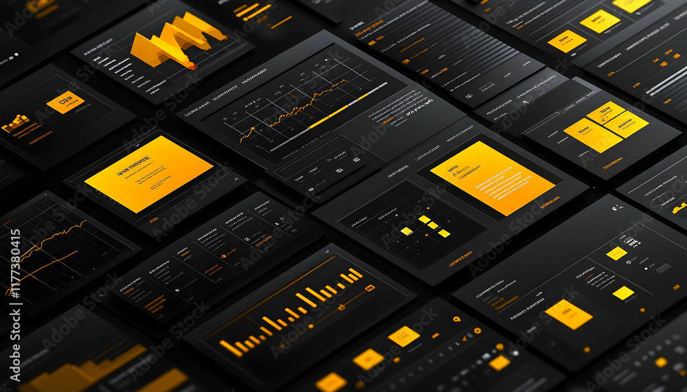 Sleek dark UI design with yellow accents showcasing data analysis, graphs, charts, and key ...