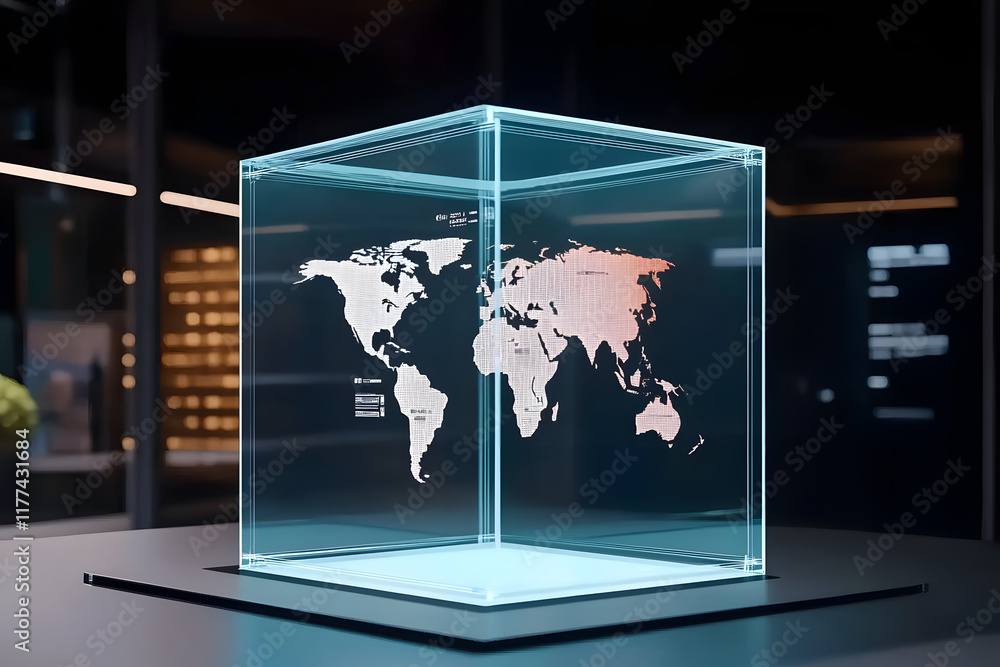 transparent cube displays holographic map of world, showcasing ...