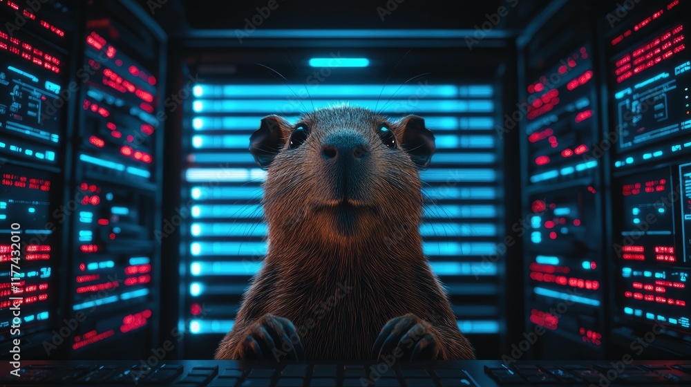 Capybara sitting at a computer keyboard in a server room with glowing ...