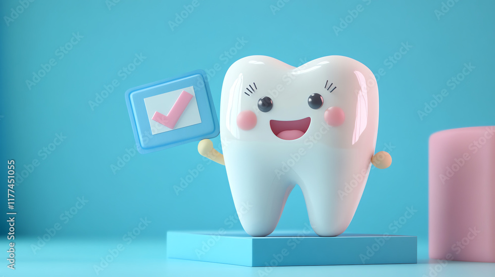 Cheerful tooth character with floating pink checkmark Stock ...