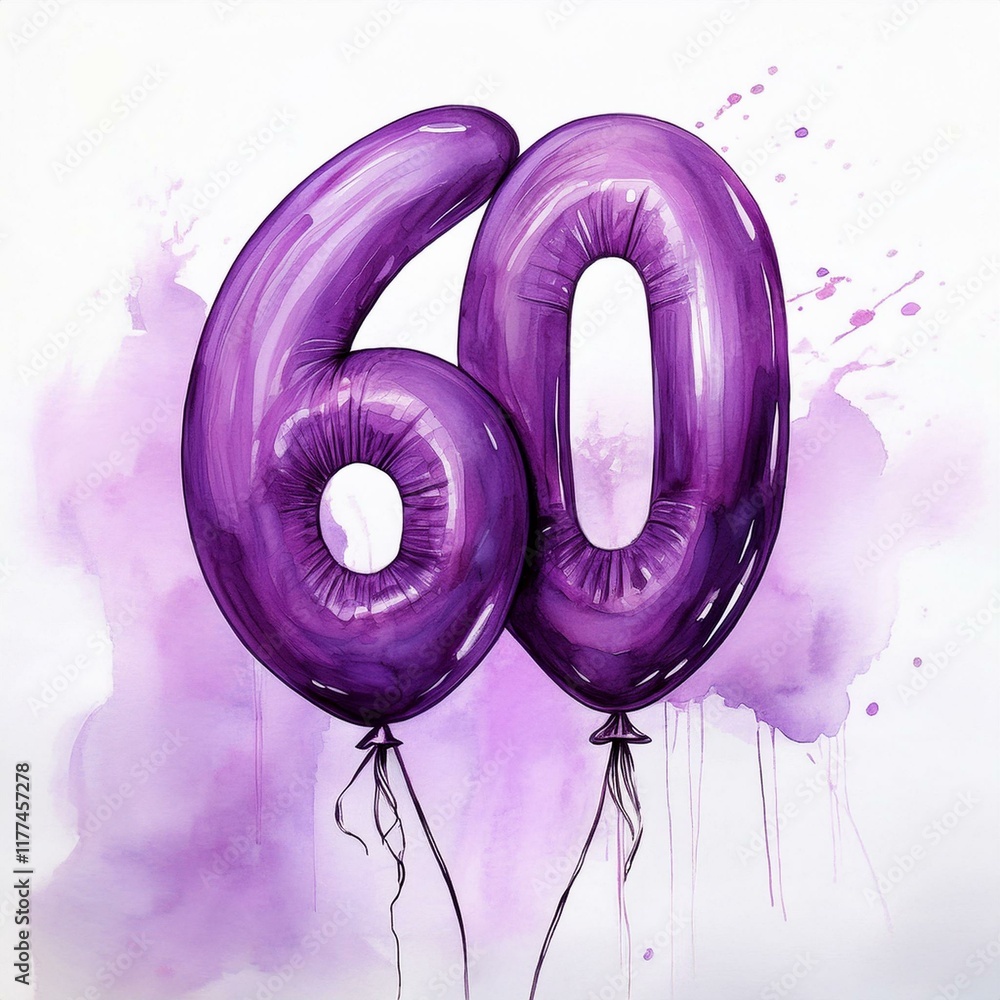 Purple birthday / anniversary balloon, number 60, watercolor painting ...