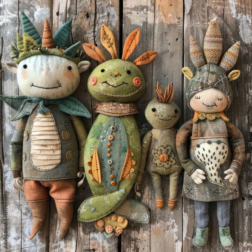 four handmade dolls made of fabric. Each doll has a unique and fun ...