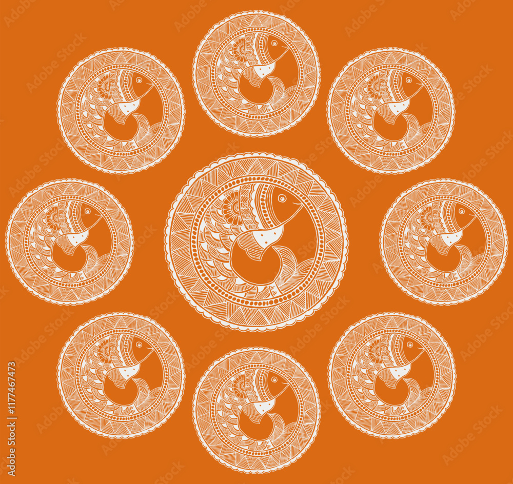 Madhubani painting background with fish pattern. Vector madhubani ...