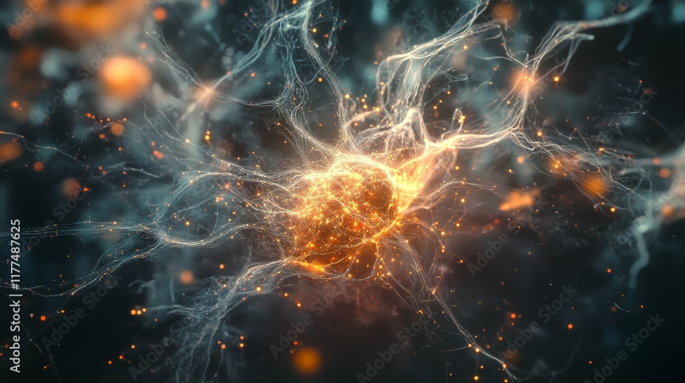 An abstract representation of AI algorithms, showing glowing neural network layers and data ...