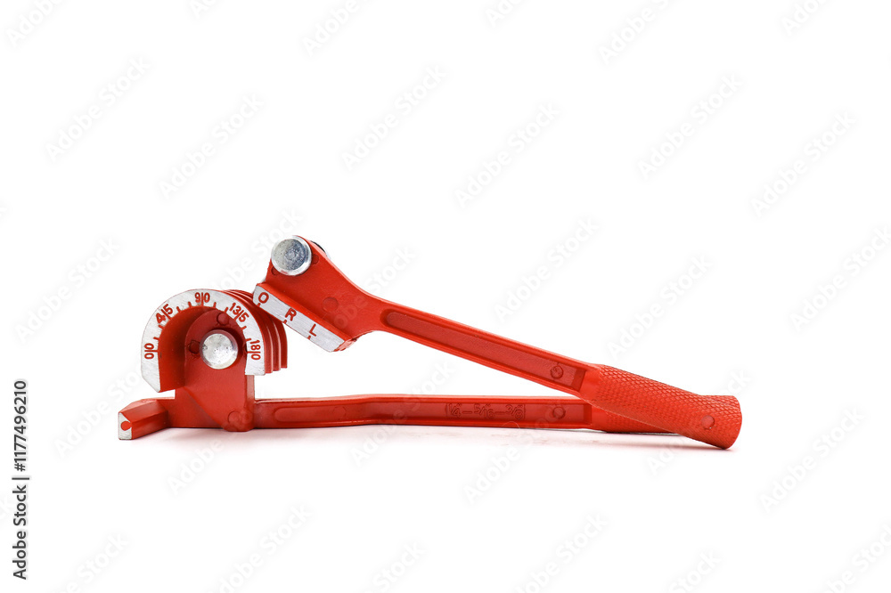 Orange bender on white background. For pipes. Manual pipe bender are ...