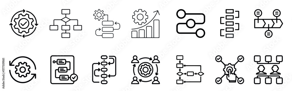 Workflow line icon set. Containing hierarchy, mechanism, manager, collaboration, progress ...