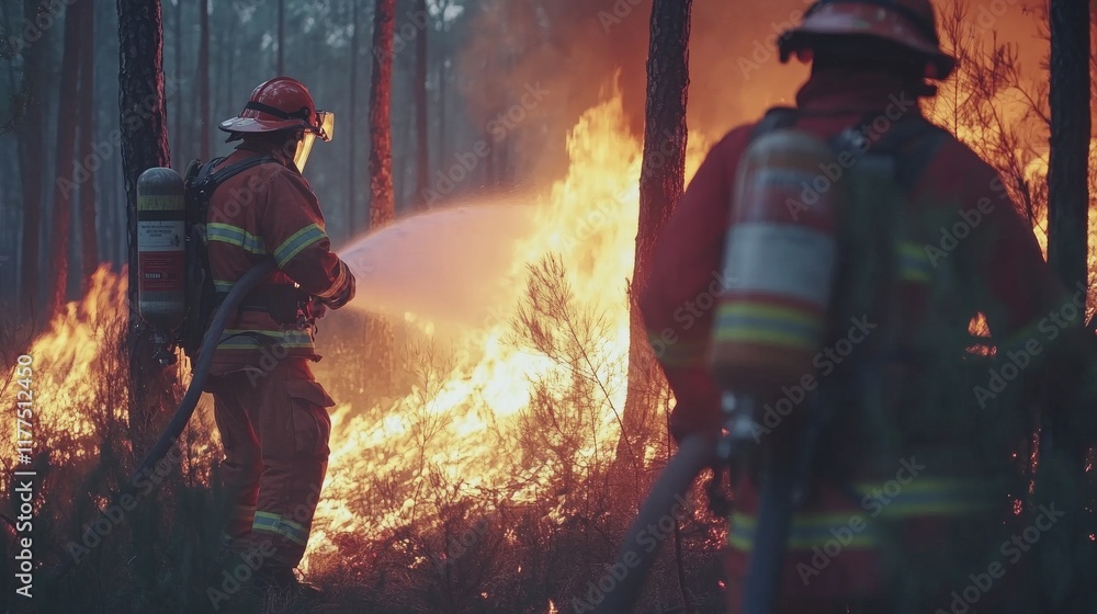 Firefighters work diligently to control a wildfire in a thick forest ...