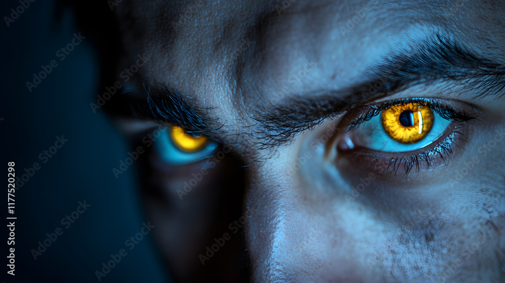 Foto de Stock Close up portrait of serious male face with yellow ...