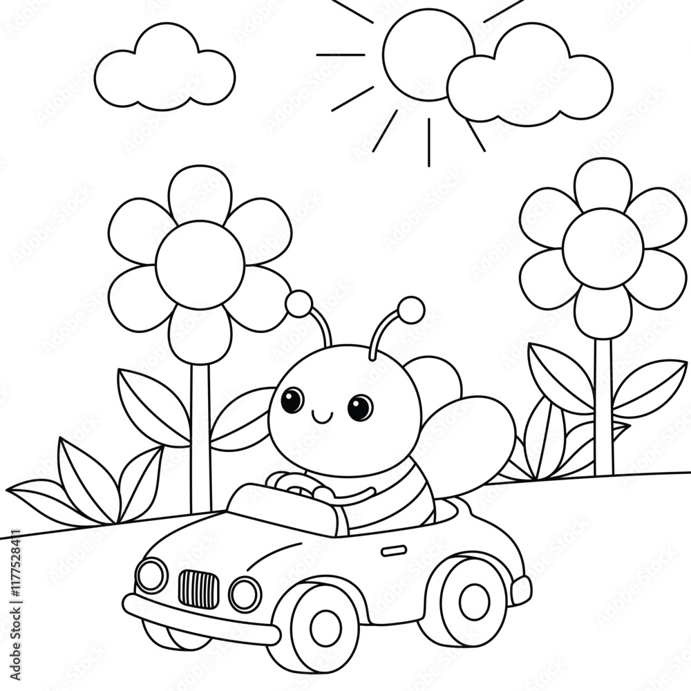 Cute kawaii cartoon character bee driving car coloring page for kids ...