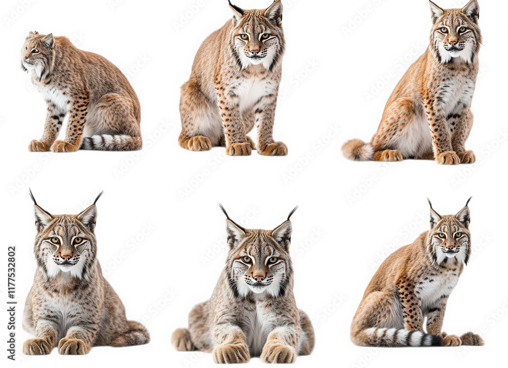 six distinct poses of a lynx. showcasing its unique fur patterns and ...