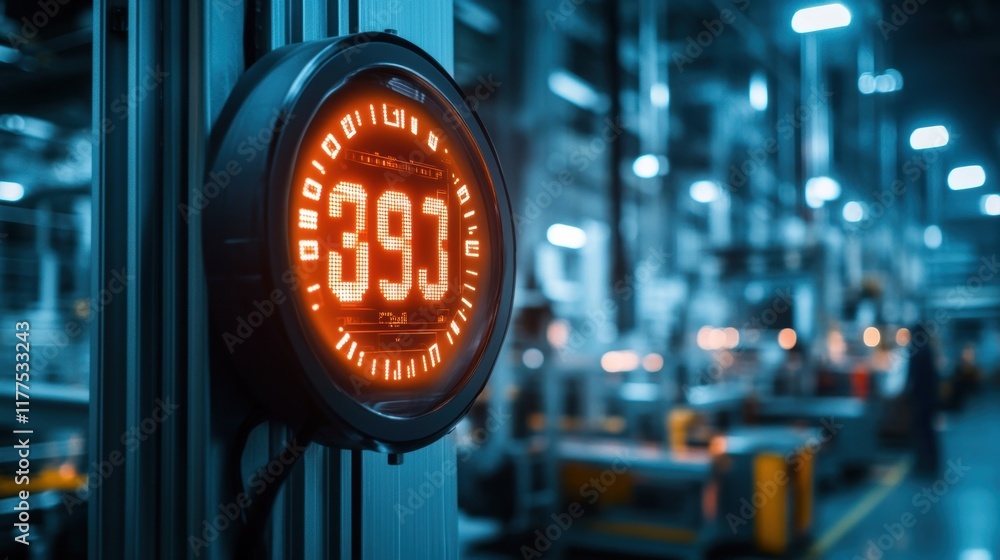 Round digital counter displaying production data in a modern factory ...