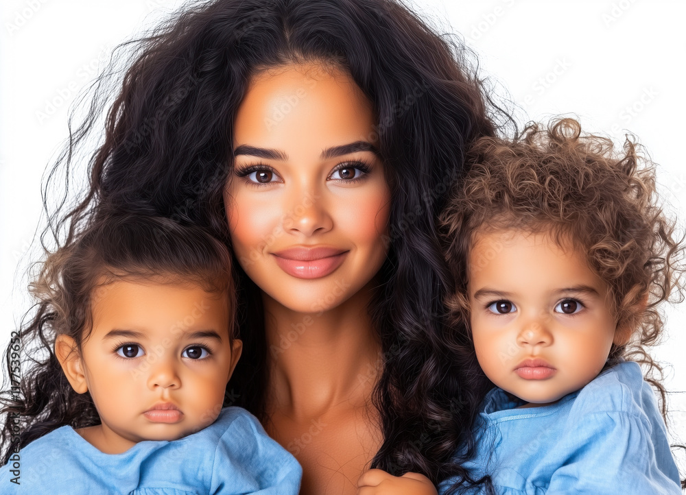 Mother holding her two beautiful twin daughters, posing together for a ...