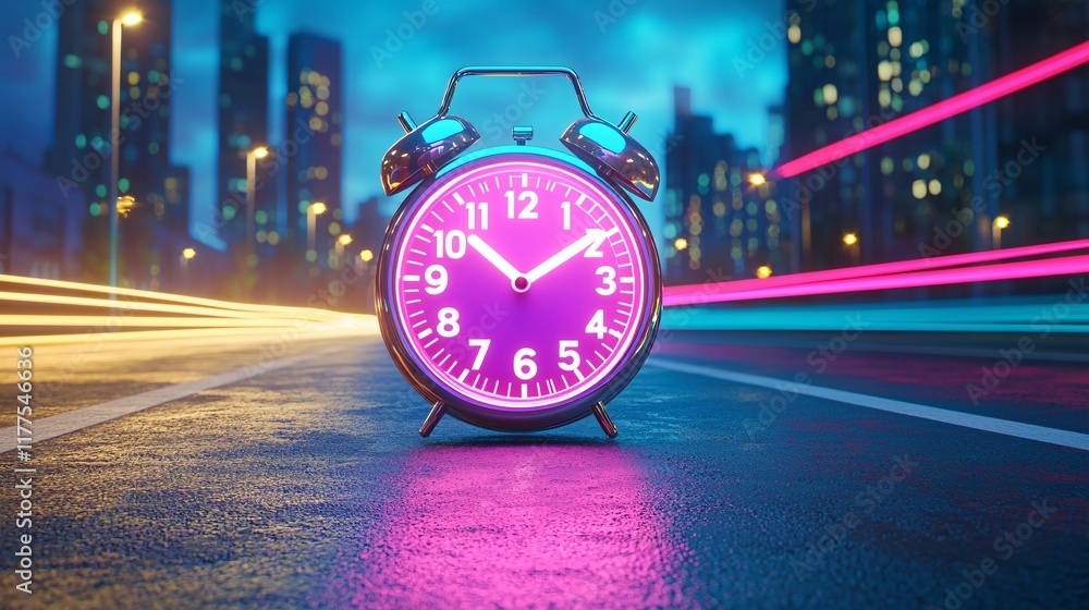 Vibrant alarm clock displaying time urban cityscape digital art night ...