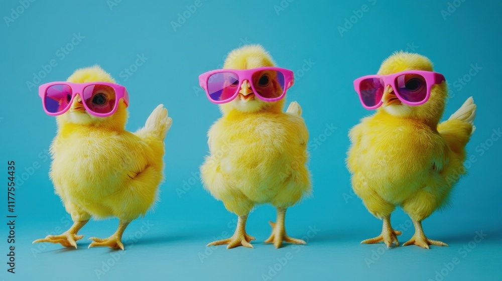 Bright yellow neon chickens dancing in sunglasses on a studio ...