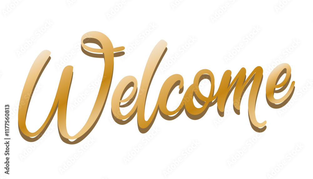 Welcome' hand-drawn calligraphy in gold text, isolated he a white ...