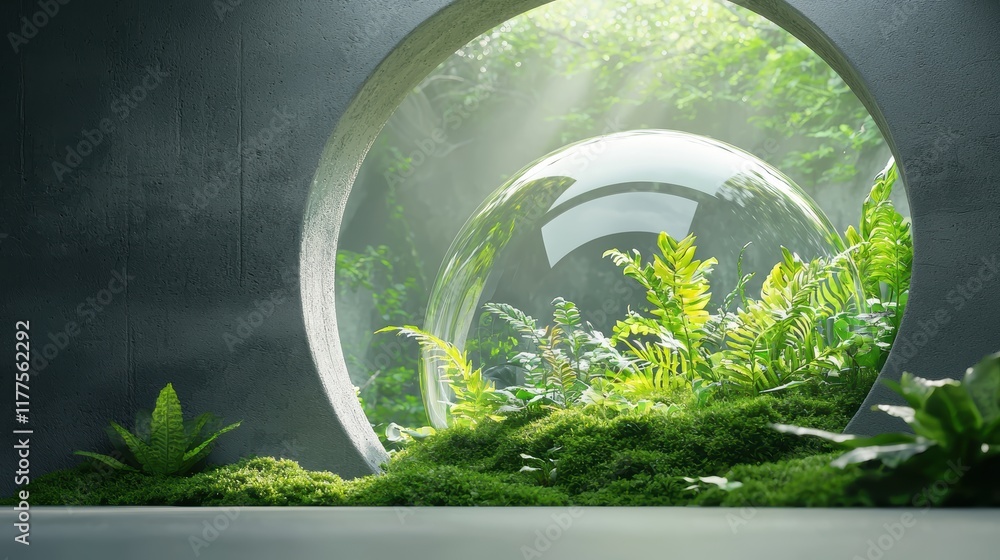 Self-sustaining Ecosystems. Lush greenery seen through a circular ...